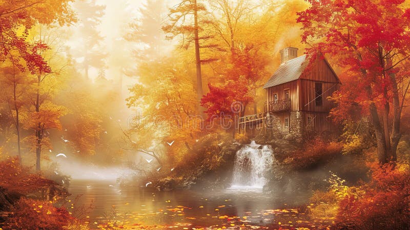 Autumn Watermill Painting stock illustration. Illustration of abstract ...