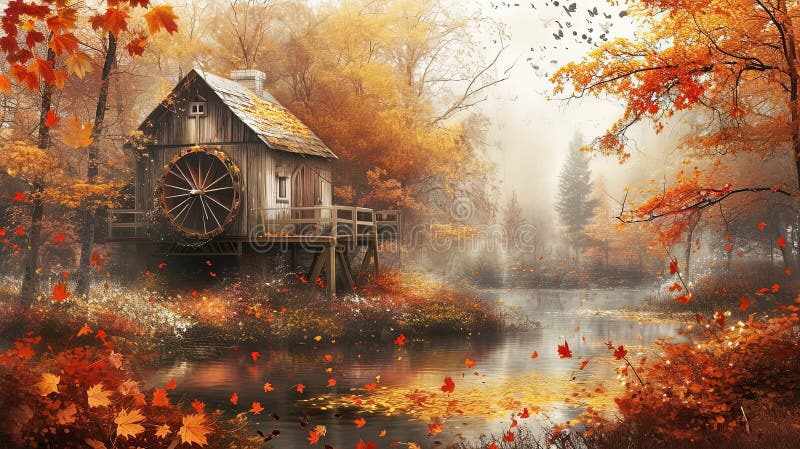 Autumn Watermill Painting stock illustration. Illustration of yellow ...