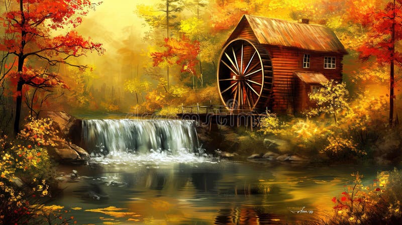 Autumn Watermill Painting stock illustration. Illustration of house ...