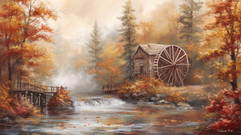 Autumn Watermill Painting stock illustration. Illustration of house ...