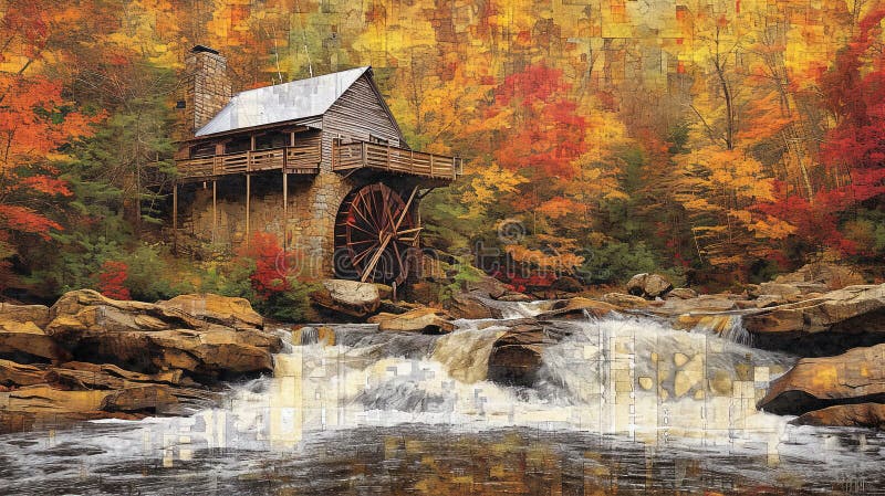 Autumn Watermill Painting stock illustration. Illustration of garden ...