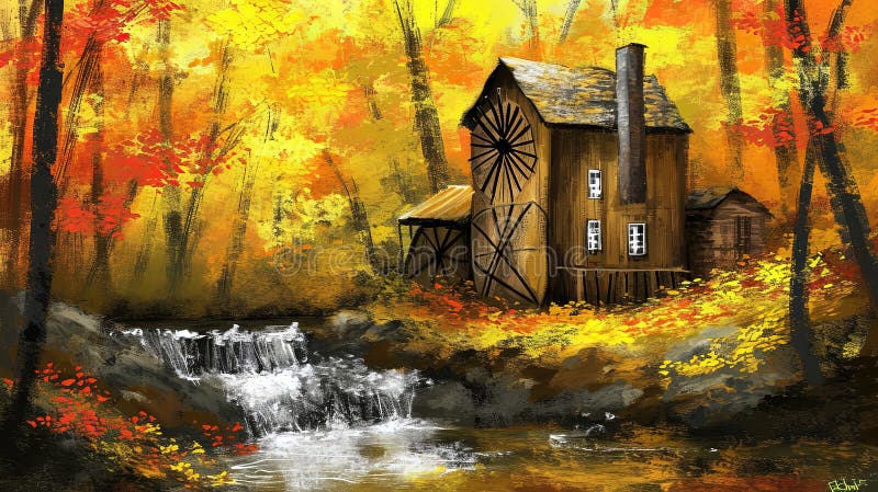 Autumn Watermill Painting stock illustration. Illustration of ...