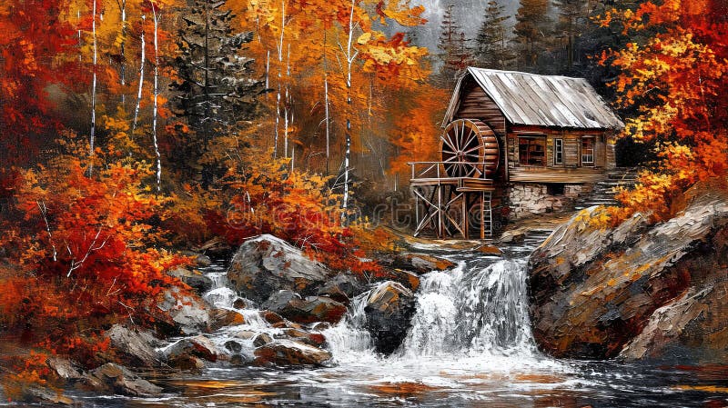 Autumn Watermill Painting stock illustration. Illustration of painting ...