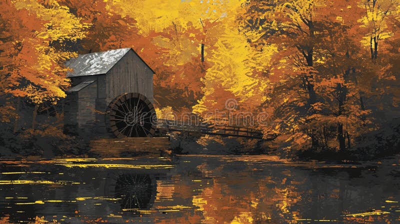 Autumn Watermill Painting stock illustration. Illustration of leaves ...