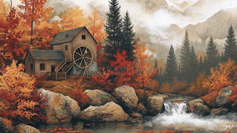 Autumn Watermill Painting stock illustration. Illustration of garden ...