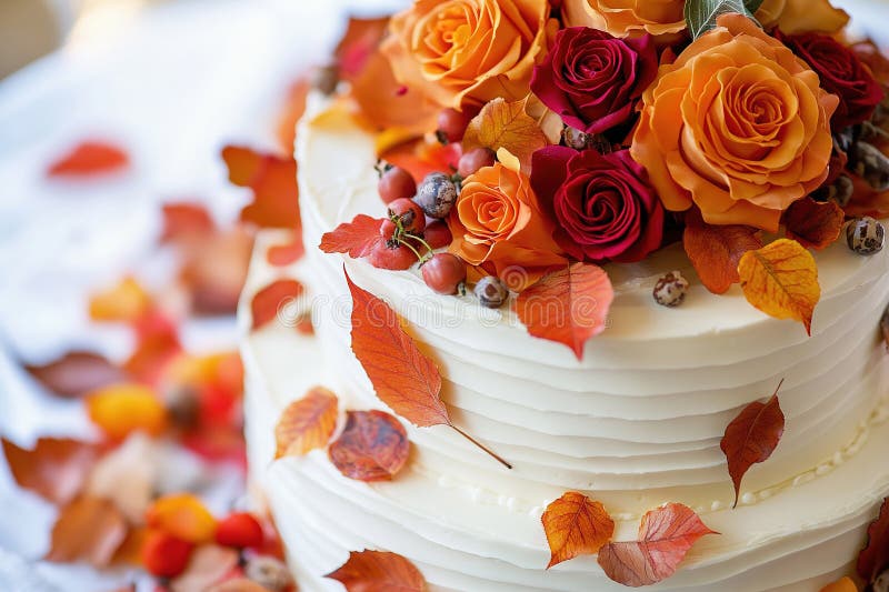 Autumn Wedding Cake with Colorful Roses and Fall Leaves Stock Photo ...