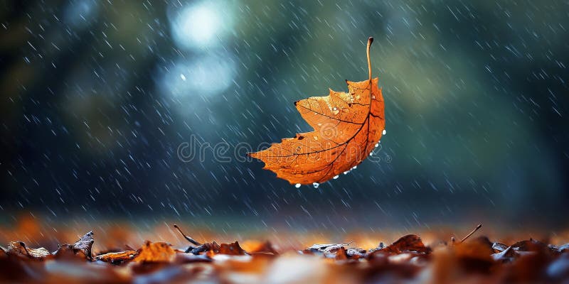 Autumn Wet Yellow Leaf. Rain Drops are Pouring in the Dark Autumn ...