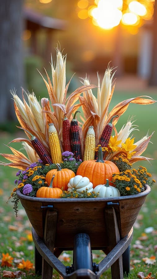Autumn Wheelbarrow with Pumpkins and Indian Corn at Sunset Stock Image ...