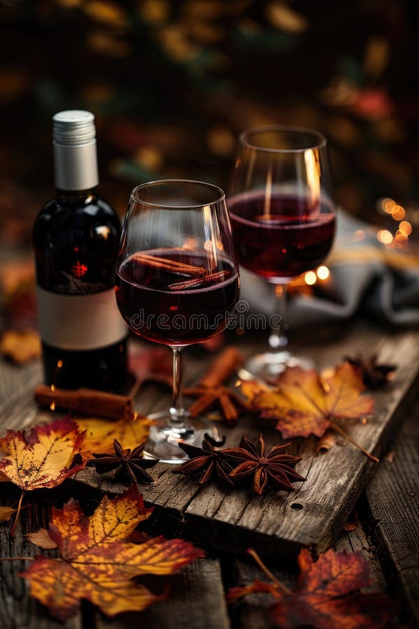 Autumn Wine Tasting: Red Wine and Fall Leaves on Rustic Wooden Table ...