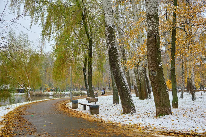 Autumn Winter Snow Park View. First Snow in Autumn City Stock Image ...