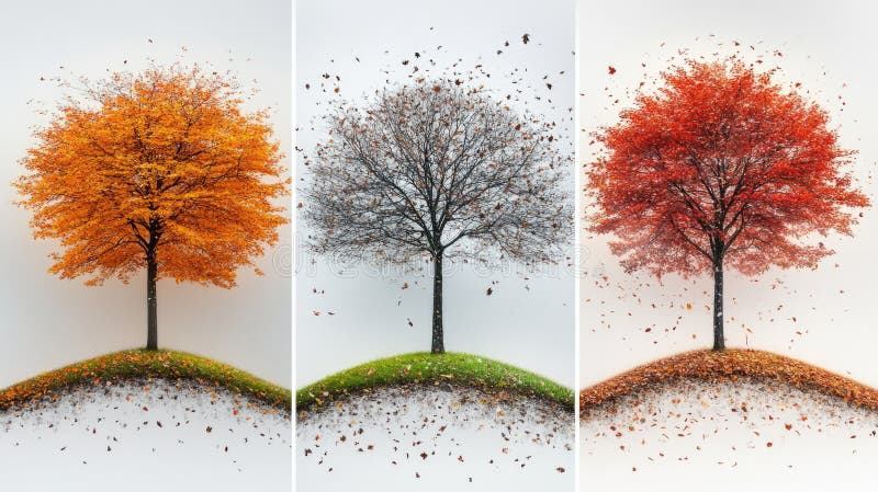 Autumn, Winter, and Spring Trees on Rolling Hills with Falling Leaves ...