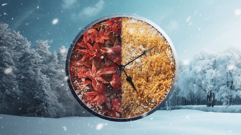 Autumn Winter Time of a Clock in Forest with Fallen Leaves. Generative ...