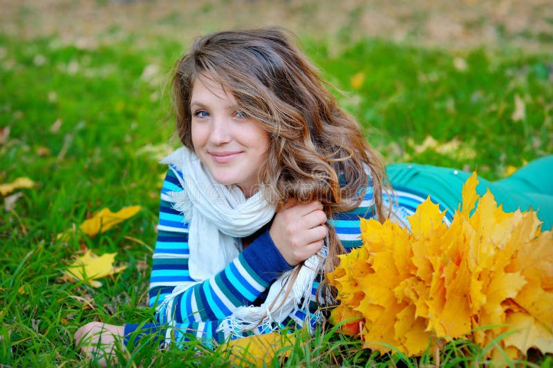 Autumn Woman Standing with Arms Raised Stock Image - Image of orange ...