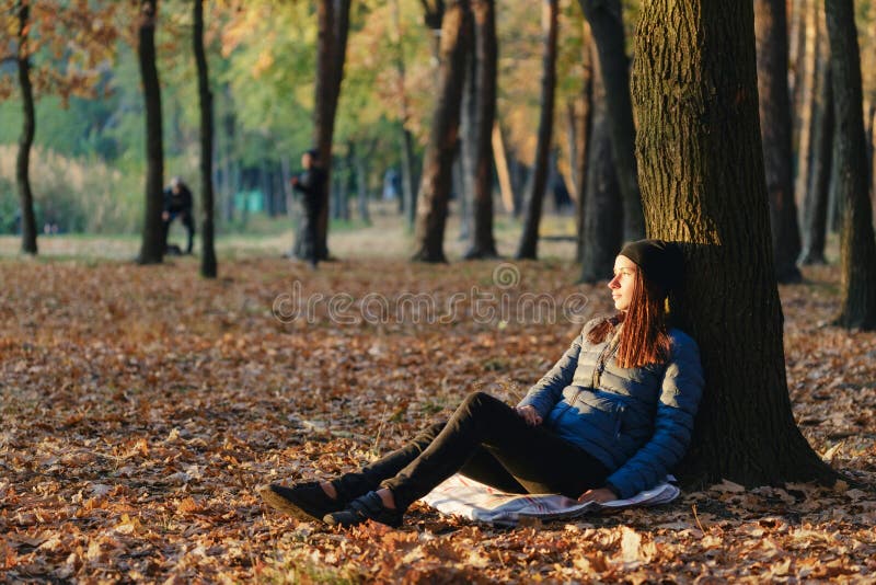 Autumn Woman Under Tree in Autumn Park Stock Photo - Image of denim ...