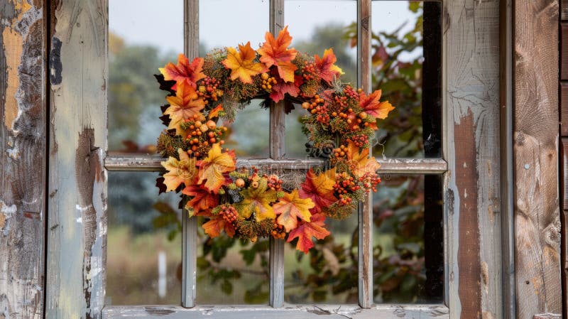 Autumn Wreath Adorning Rustic Window Pane Stock Image - Image of door ...