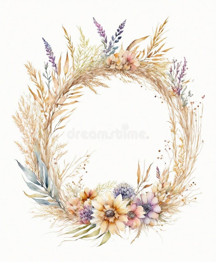 Autumn Wreath of Flowers in Boho Style on White Background Stock ...