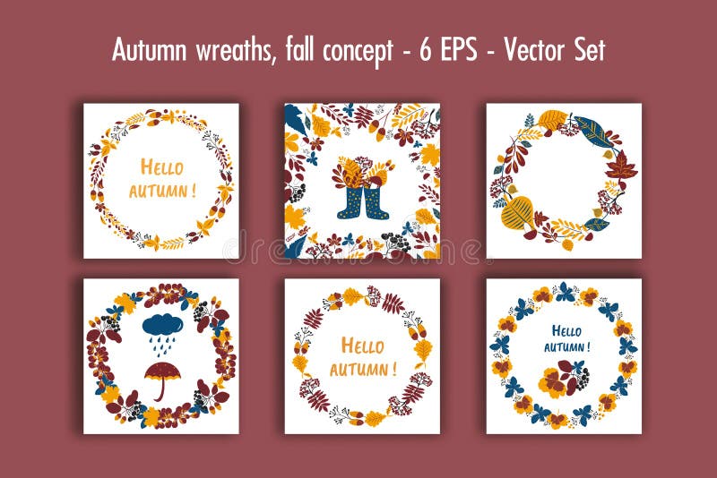Autumn Wreaths, Fall Concept Vector Set. Collection of Hand Drawn ...