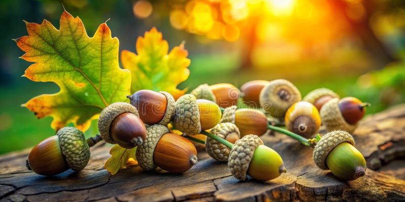 Autumnal Acorn Cluster on Rustic Wood with Oak Leaf. Generative AI ...