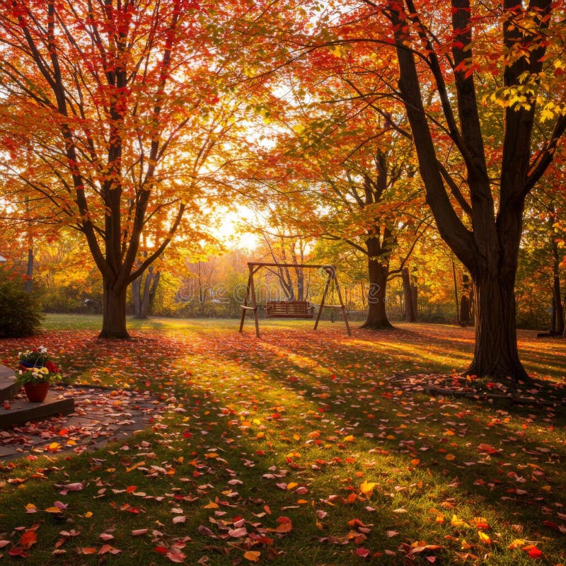 Autumnal Backyard Scene with Red and Gold Leaves Stock Illustration ...