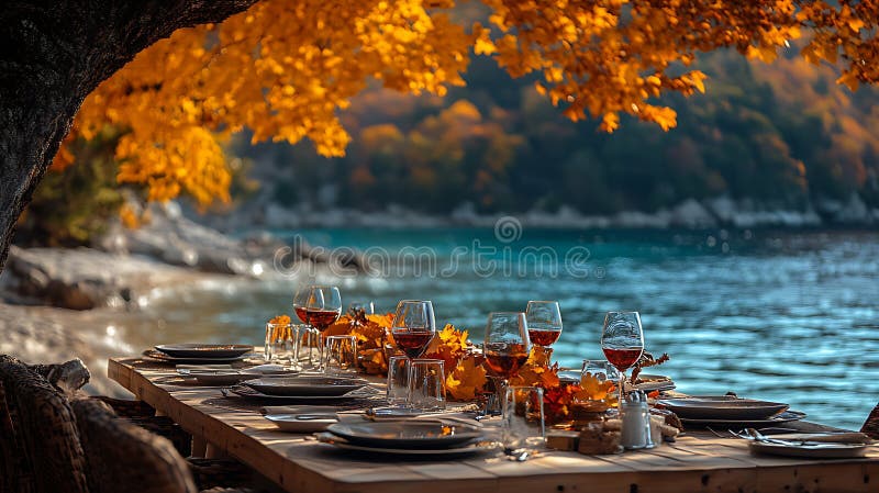 Autumnal Beachside Feast Table Setting Under Tree Stock Illustration ...