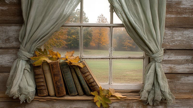 Autumnal Books, Rustic Cabin Window, Fall Foliage View Stock Photo ...