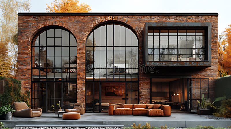 Autumnal Brick House, Backyard Patio, Large Windows, Modern Interior ...