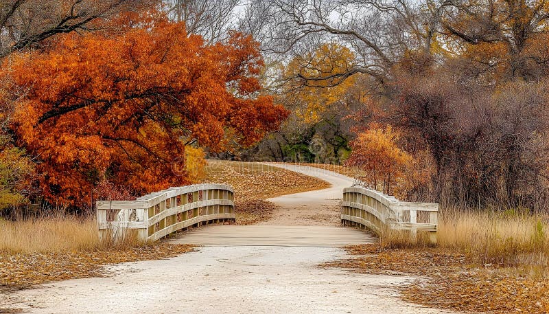 Autumn Bridge Scene stock illustration. Illustration of cloudy - 368674389