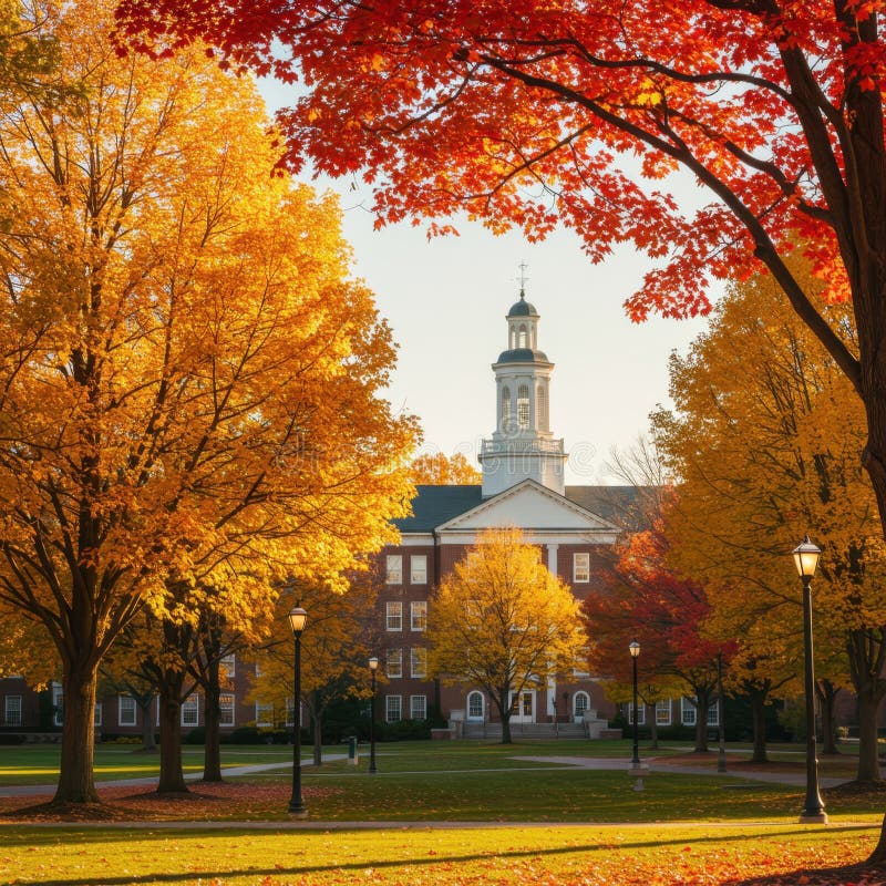 Autumnal Campus Scene with Red and Gold Trees Stock Illustration ...