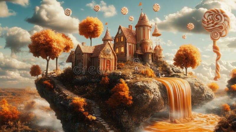 Autumnal Candy Castle on a Floating Island Stock Illustration ...