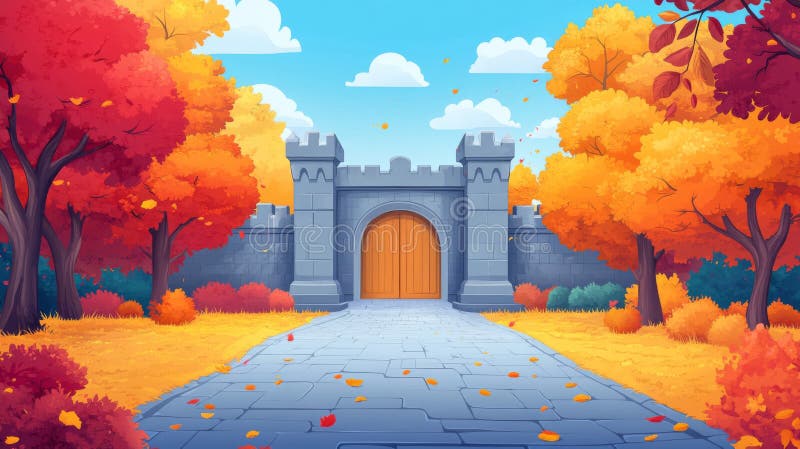 Autumnal Castle Gate Pixel Art Landscape Stock Illustration ...