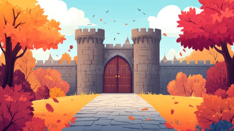 Autumnal Castle Gate with Stone Path and Colorful Trees. AI Generative ...