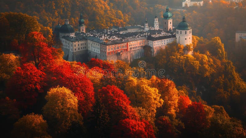 Autumnal Castle Hillside Landscape: Red and Gold Trees Stock ...