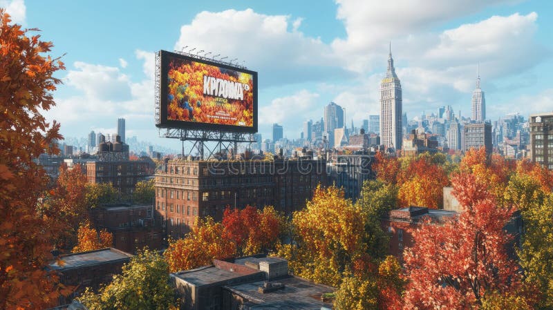 Autumnal Cityscape with Billboard and Skyscrapers Stock Illustration ...