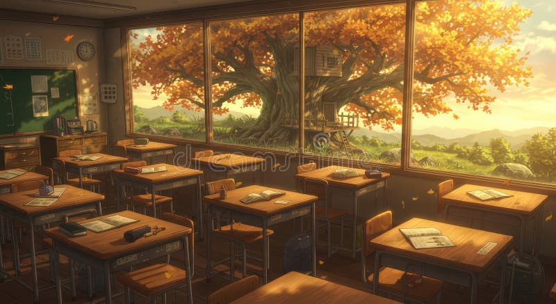 Autumnal Classroom with Treehouse View Stock Illustration ...