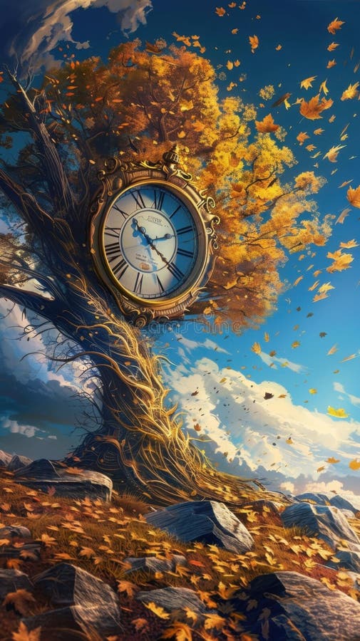 Autumnal Clock Tree with Falling Leaves Stock Photo - Image of season ...