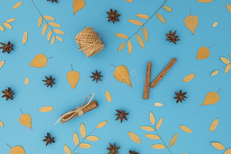 Autumnal Composition Made of Fall Leaves on Blue. Flat Lay, Top View ...
