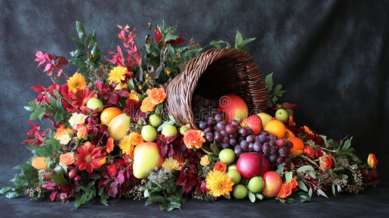 Autumnal Cornucopia Overflowing with Fruit, Flowers, and Greenery Stock ...