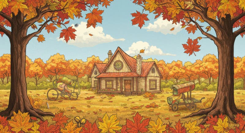 Autumnal Cottage in a Colorful Fall Landscape Stock Illustration ...