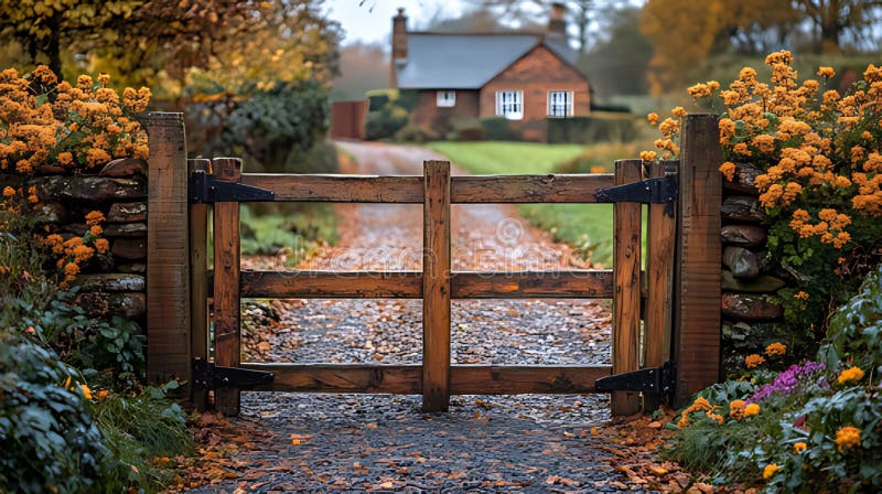 Autumnal Cottage Driveway Gate Stock Illustration - Illustration of ...