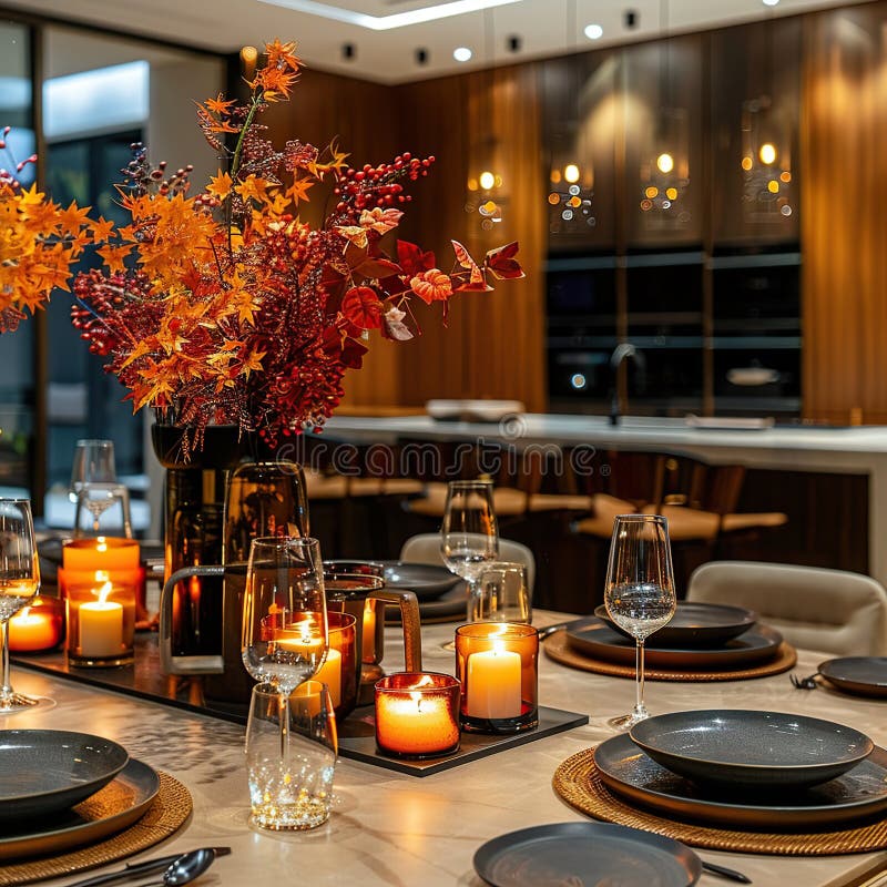 Autumnal Dining Table Setting with Candles and Fall Foliage in a Modern ...