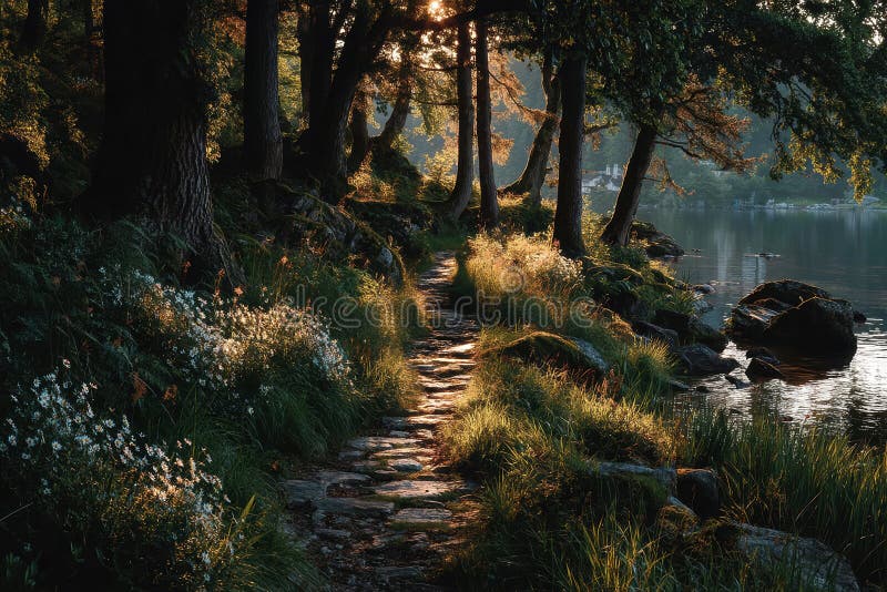 Autumnal Forest Path with Bare Trees, Rocks, and Leaves Under Warm Low ...