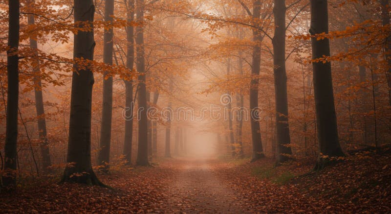 Autumnal Forest Path in Misty Morning Light Stock Illustration ...