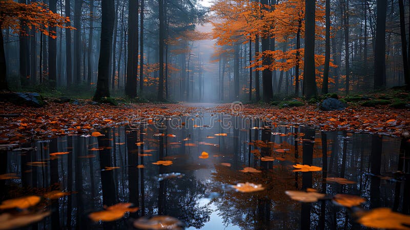 Autumnal Forest Path Reflection, Misty Morning Stock Illustration ...