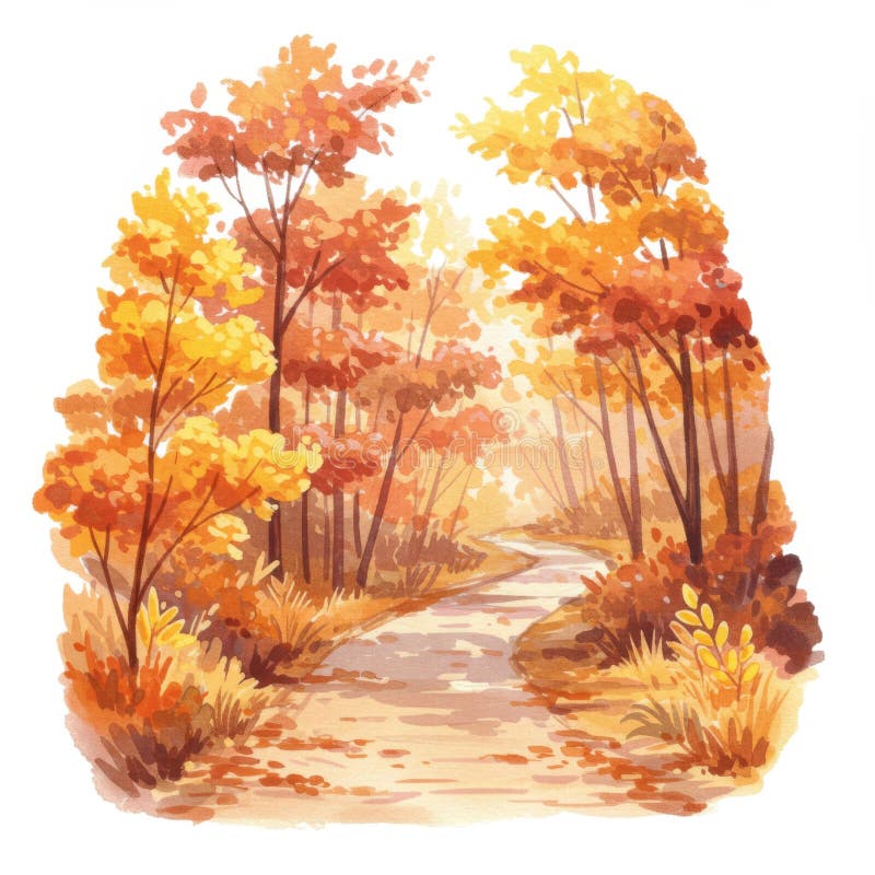 Autumnal Forest Path Watercolor Painting Stock Illustration - Illustration of shadows, road ...