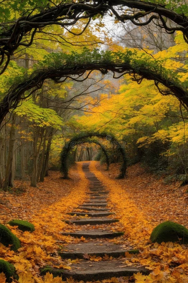 Autumnal Forest Pathway Framed by a Vine Arch. Stock Image - Image of ...