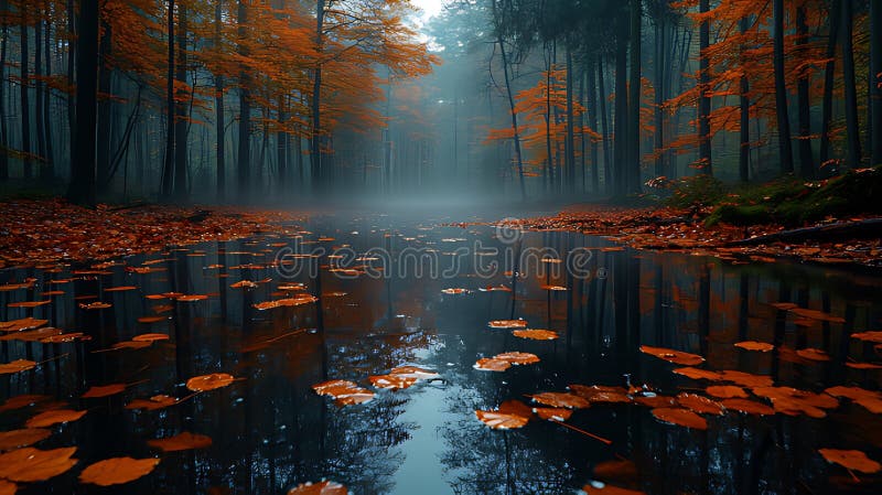 Autumnal Forest Stream, Misty Path Reflection, Fall Leaves, Nature Background, Tranquil Scene ...