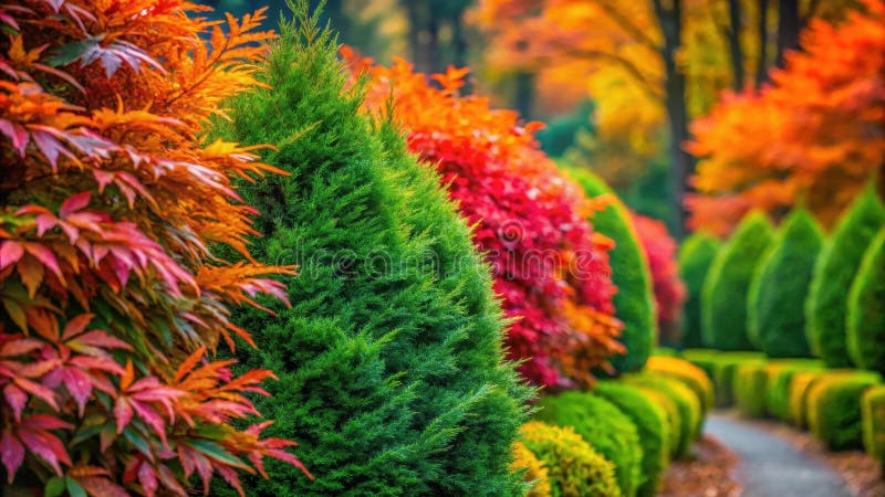 Autumnal Garden Path with Vibrant Foliage and Evergreen Shrubs ...