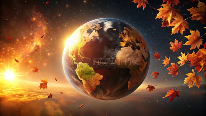 Autumnal Globe Celestial Fall Leaves Dance Around Earth at Sunrise ...