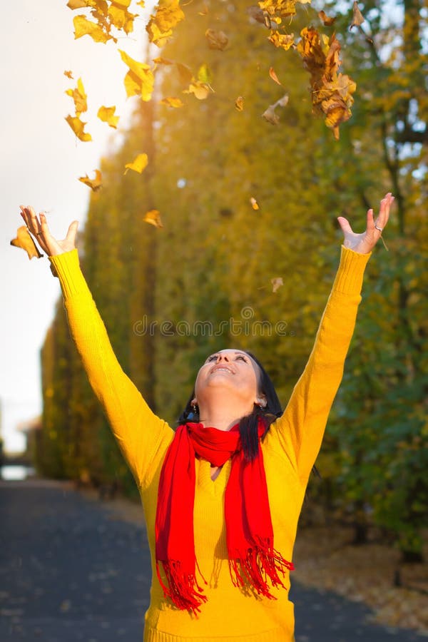 Autumnal Happiness with Leaves Stock Image - Image of nature, female ...