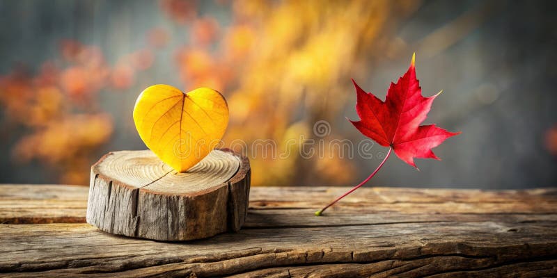 Autumnal Heart and Maple Leaf Still Life on Rustic Wood. Generative AI ...